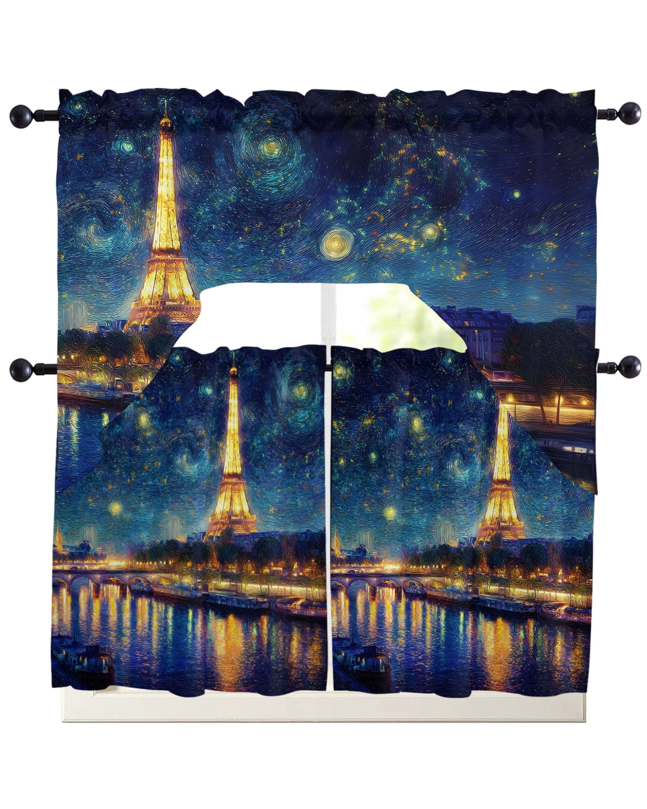 Blue Modern Art Kitchen Curtains Set for Windows 3 Piece Cafe Curtains ...