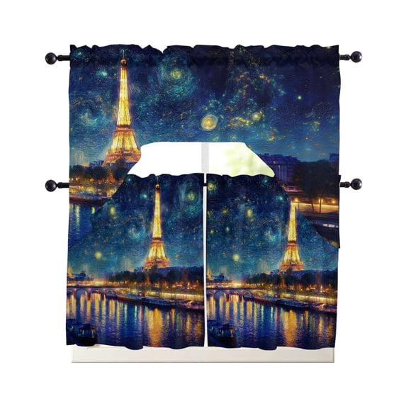Blue Modern Art Kitchen Curtains Set for Windows 3 Piece Cafe Curtains ...