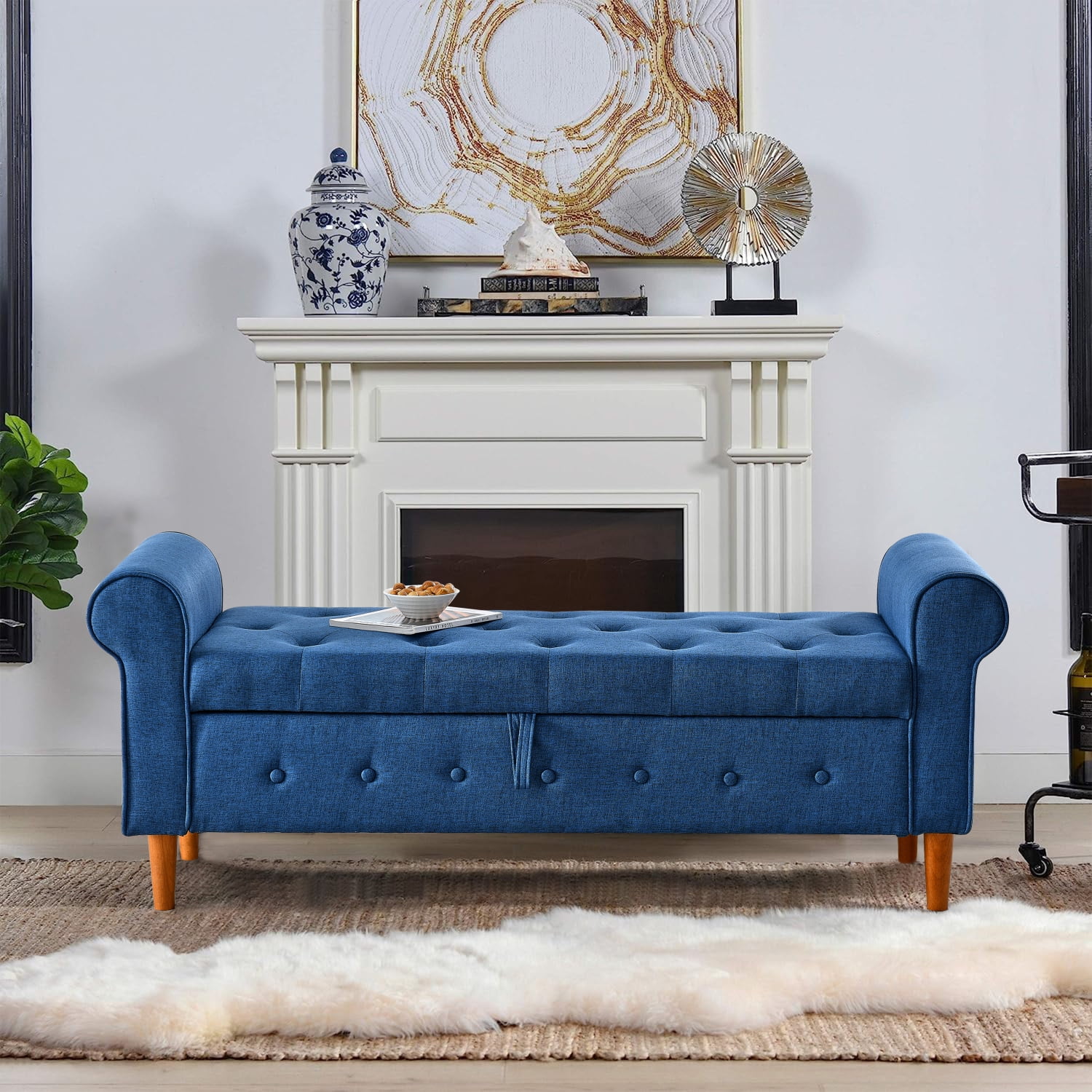 Blue Modern Fabric Upholstered Bedroom Tufted Button Storage Bench with ...