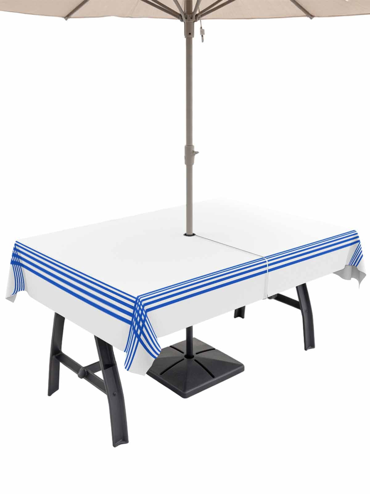 Blue Modern Striped Rectangle Outdoor Tablecloth with Umbrella Hole ...