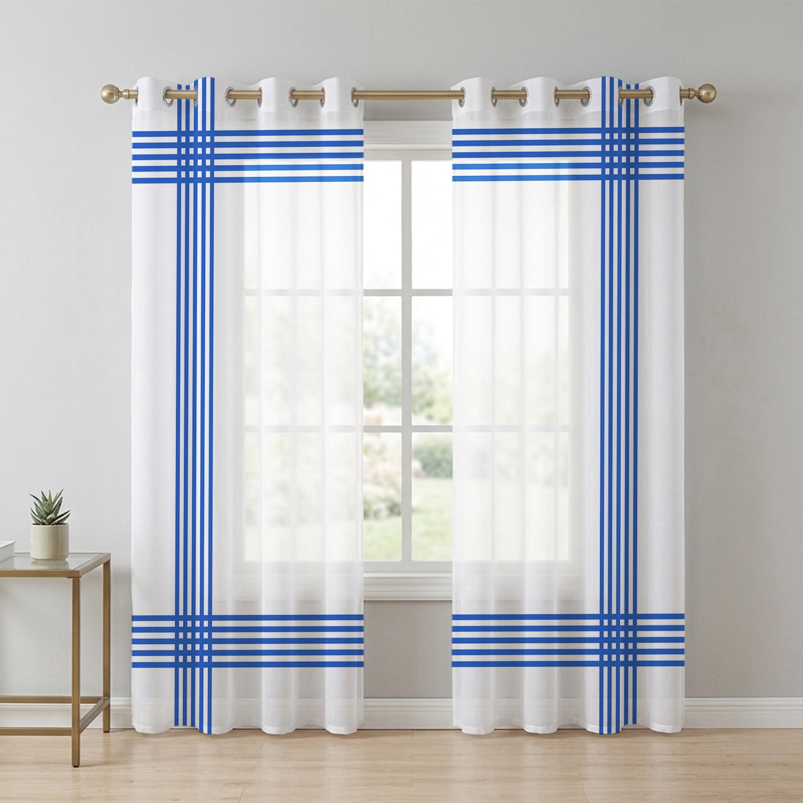 Blue Modern Striped Sheer Curtains 84 Inch Long 2 Panels, Simple Stripe ...
