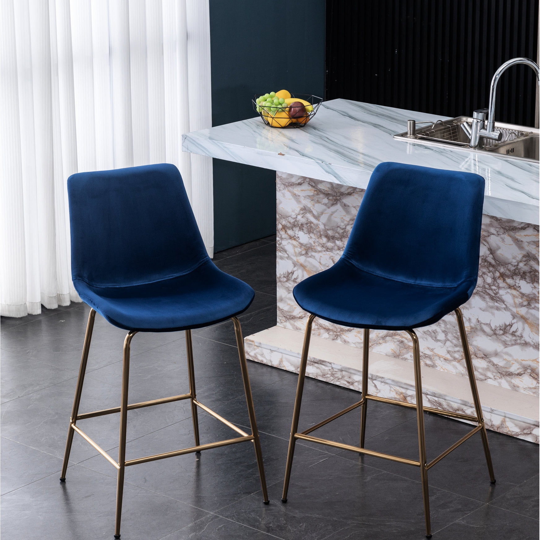 Blue Modern Velvet Counter Stools, Set of 2 - Streamlined Silhouettes ...