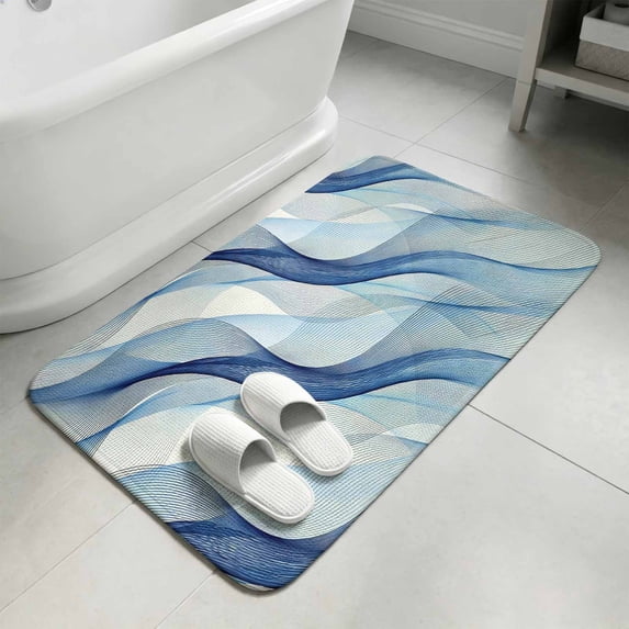 Blue Moire Bathroom Rugs Non Slip Washable Bath Mat Absorbent Low Pile ...