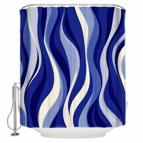 Blue Moire Bathroom Shower Curtains with 12 Hooks Polyester Waterproof ...