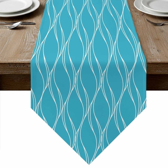 Blue Moire Waves Table Runner Linen Burlap Table Runner 72 Inches Long ...
