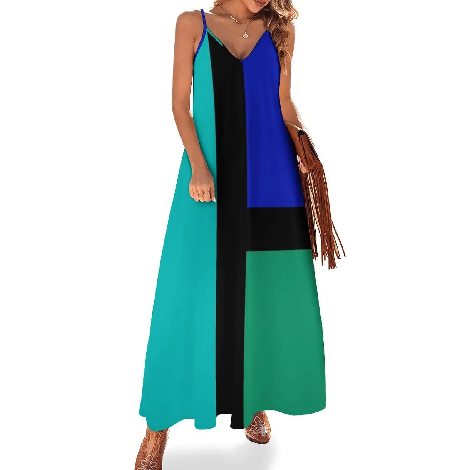 Blue Mondrian Mod Sleeveless Dress womens clothing loose dress ...