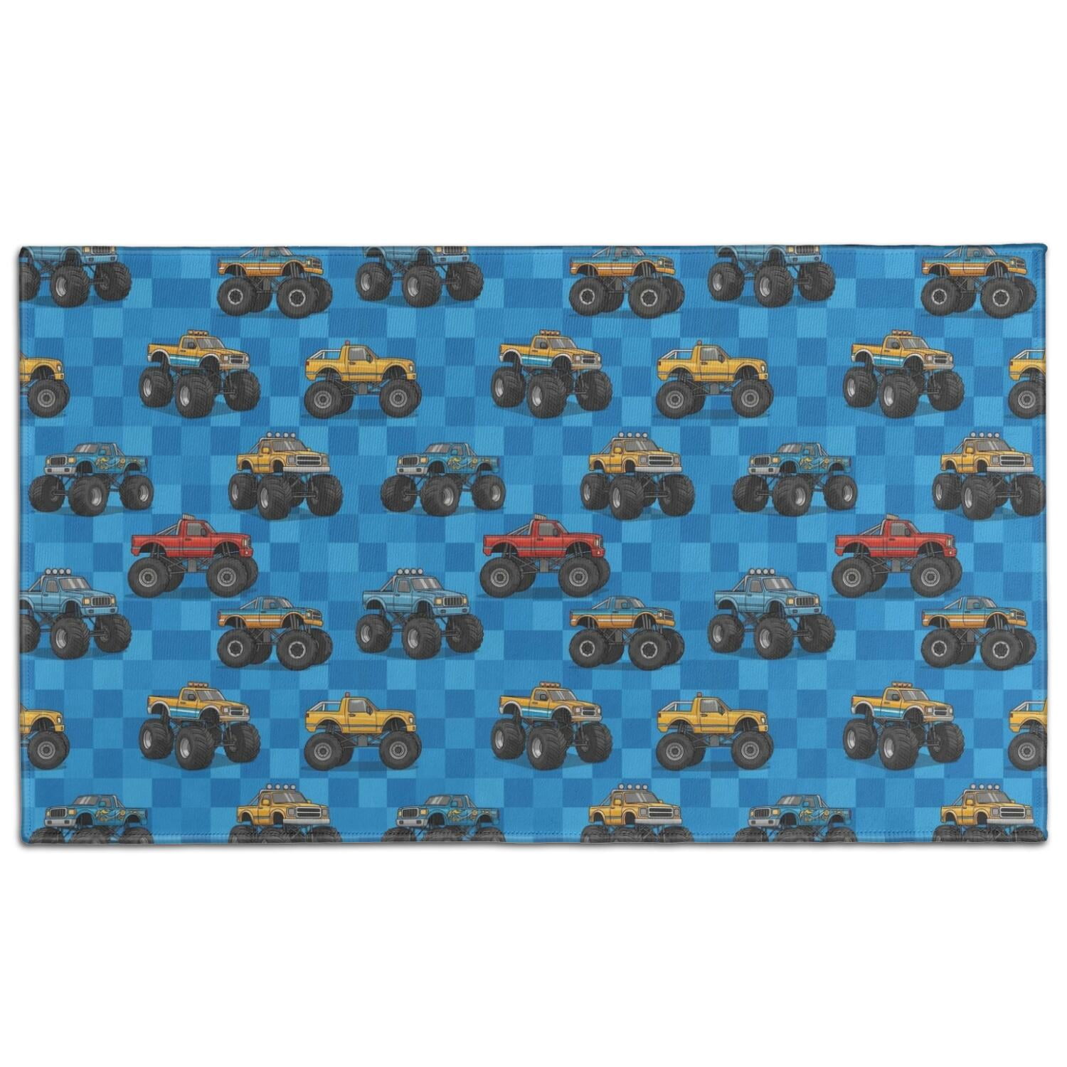 Blue Monster Cartoon Trucks Checkerboard Pattern Door Rugs,Washable Non ...