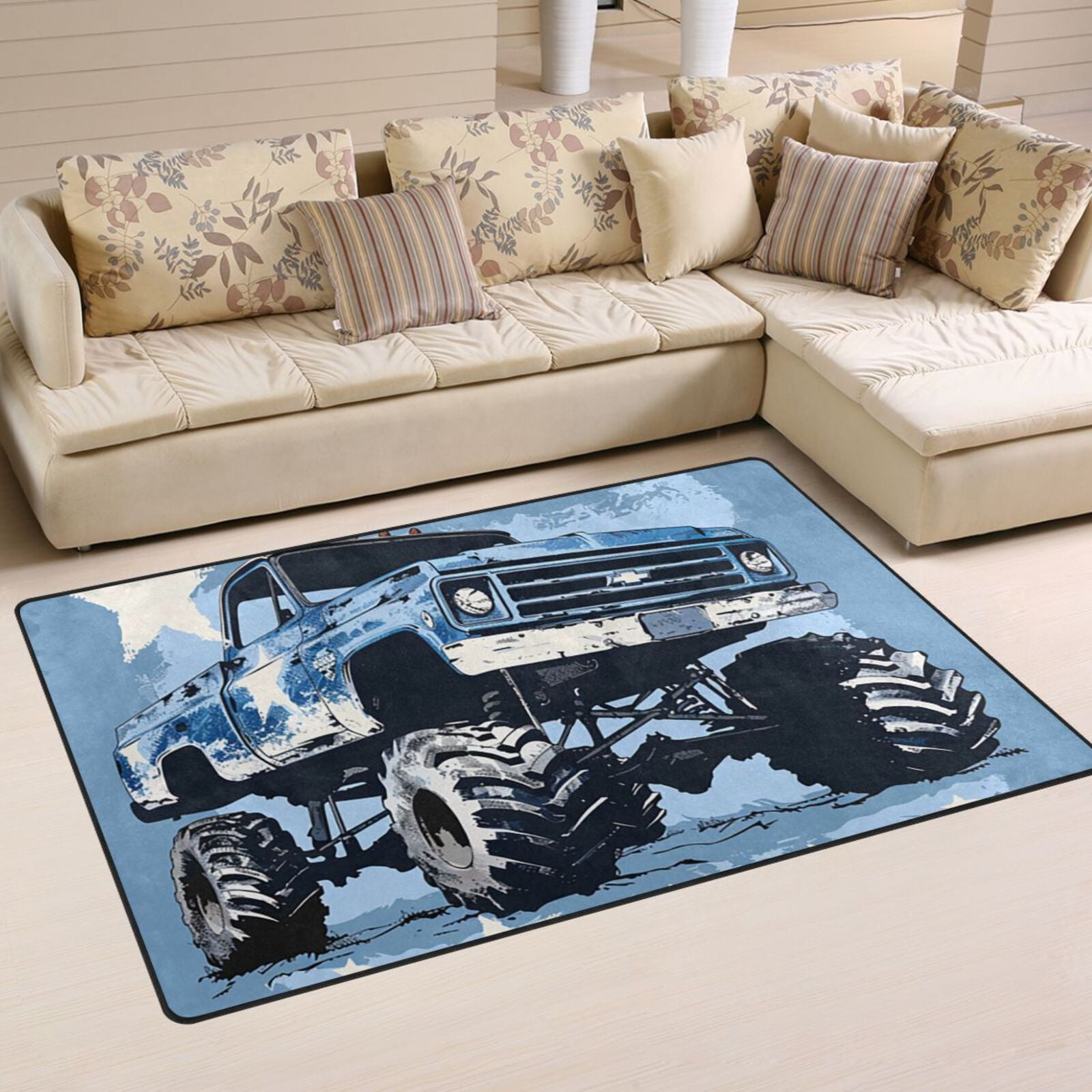 Blue Monster Truck Area Rug Washable Floor Carpet Mat 60 x 39 inch for ...
