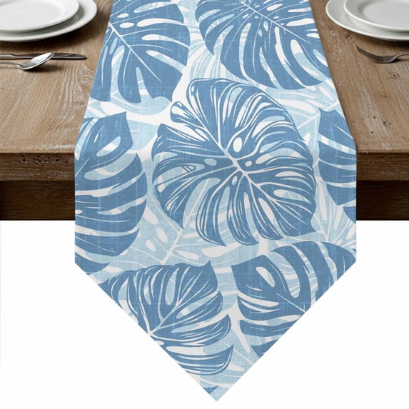Blue Monstera Deliciosa Table Runner Linen Burlap Table Runner 36 ...