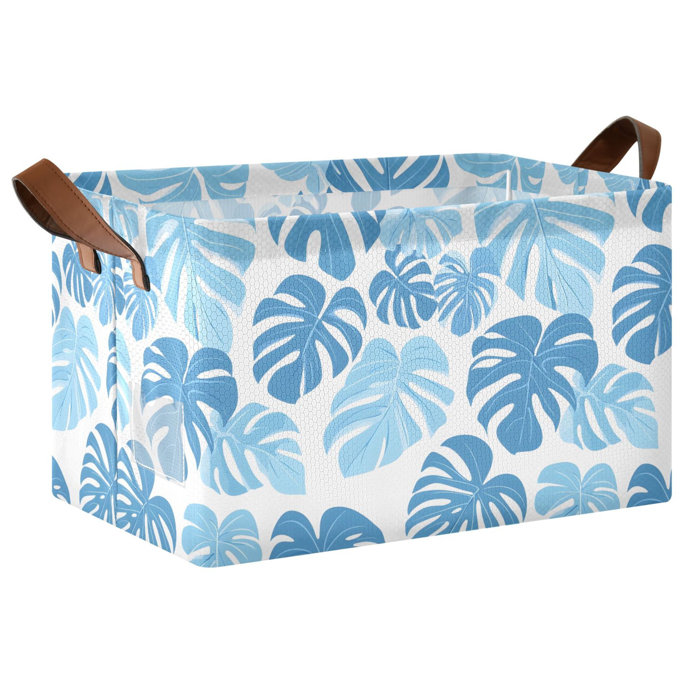 Blue Monstera Leaves Pattern Collapsible Storage Bin Open Home Shelf ...