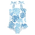Blue Monstera Leaves Pattern Girls' One-Piece Swimsuit Bowknot Tie ...