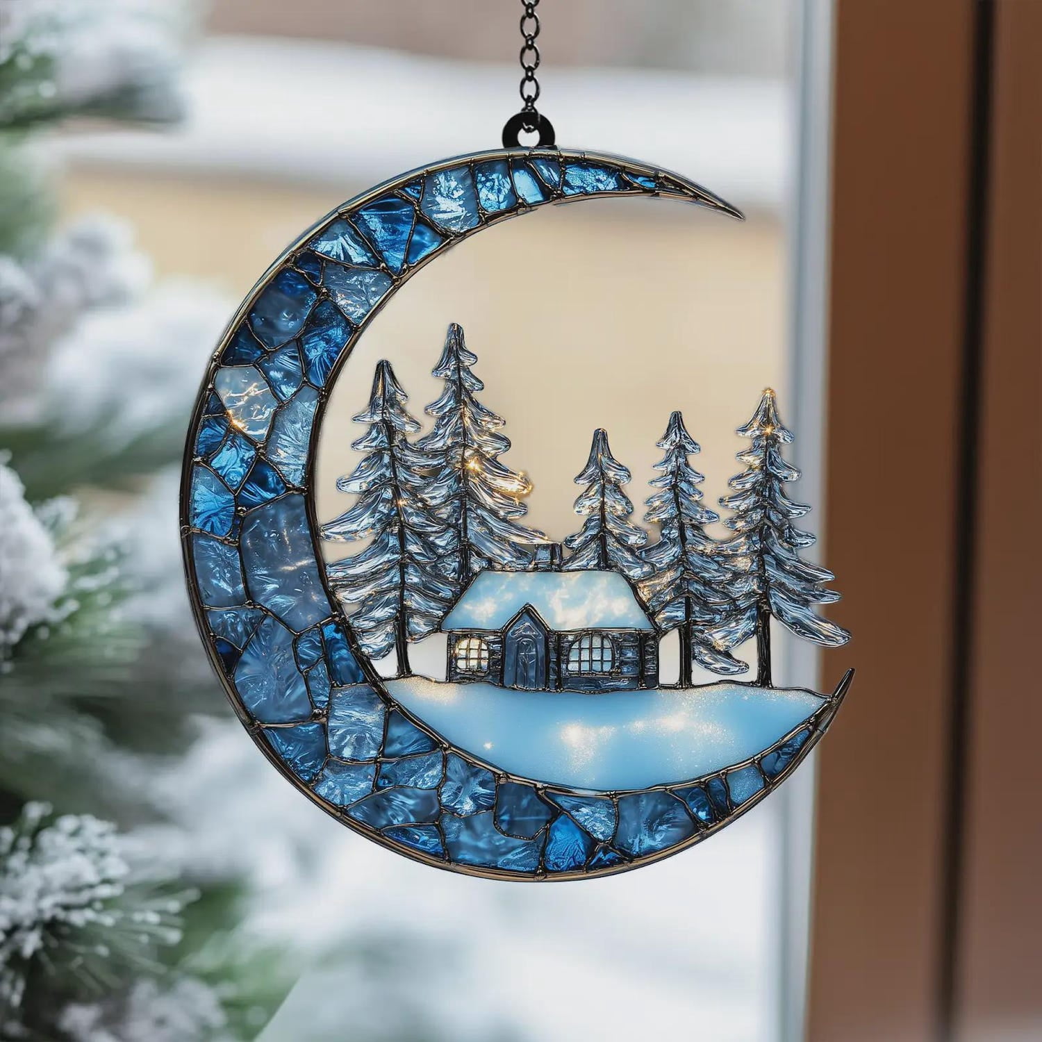 Blue Moon Acrylic Suncatcher And Ornament – Crescent Moon Winter Scene ...