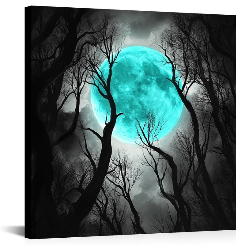 Blue Moon Forest Night Canvas Wall Art Framed Prints 12''x12''Nature ...