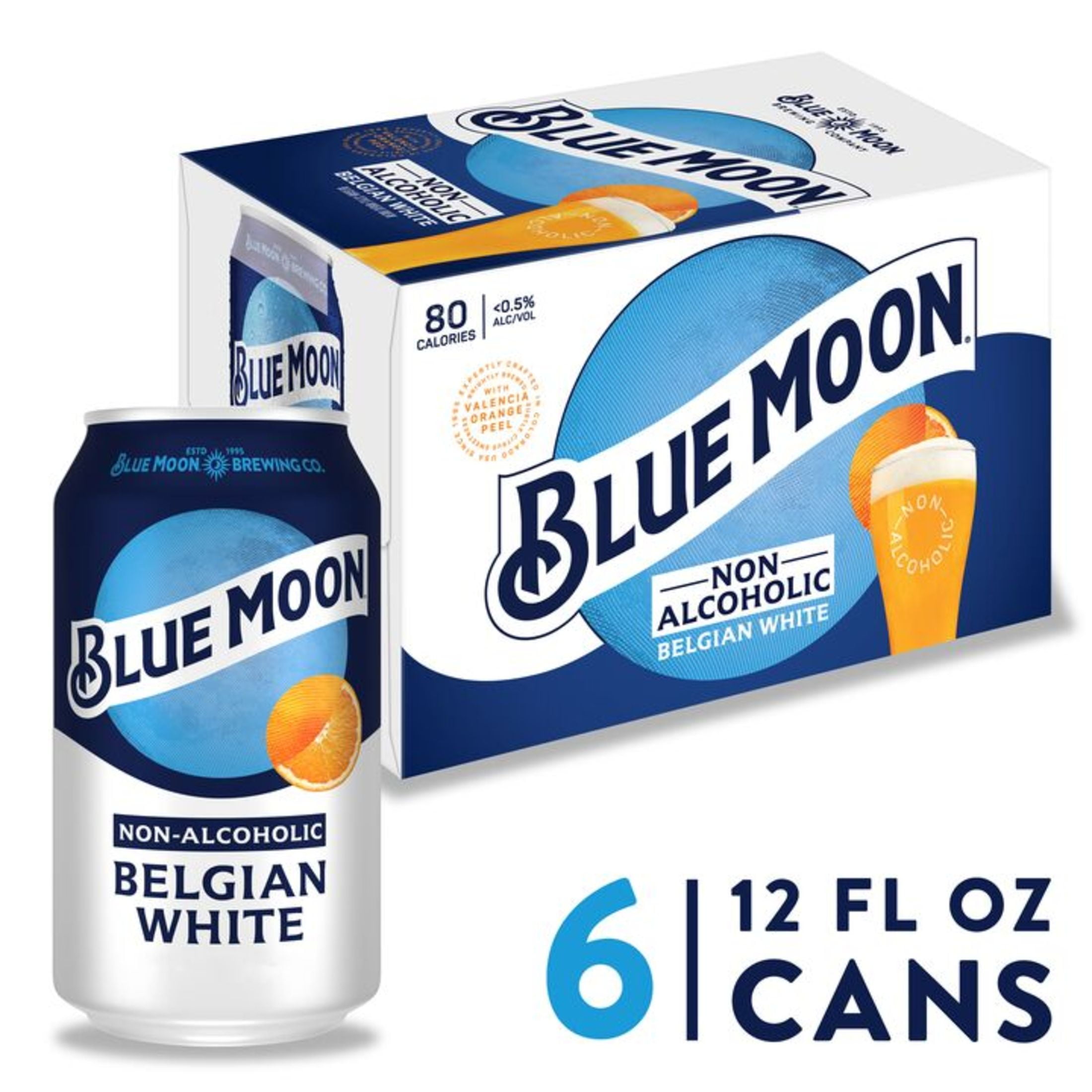 Blue Moon Non-Alcoholic Belgian White Craft Beer, 6 Pack, 12 fl oz Cans, 0.45% ABV - Walmart.com