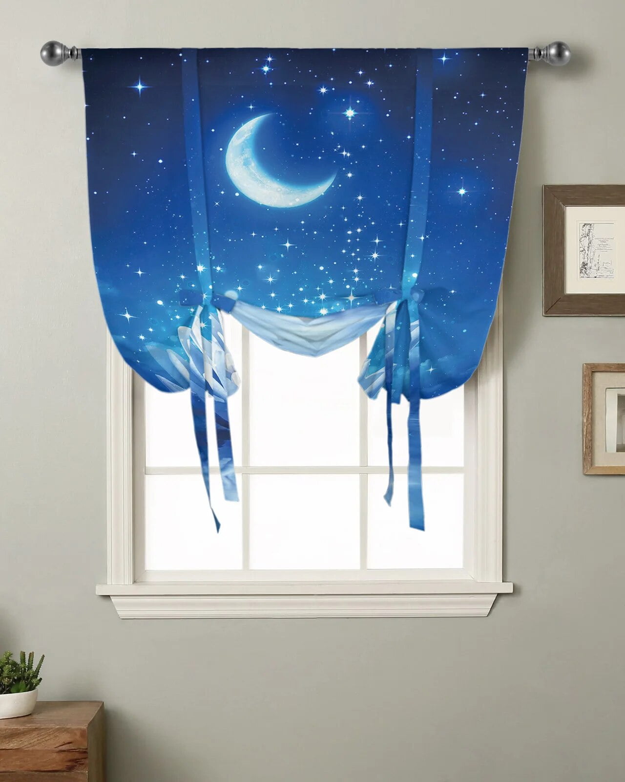 Blue Moonlight Lotus Moon Kitchen Short Window Curtain Rod Pocket ...