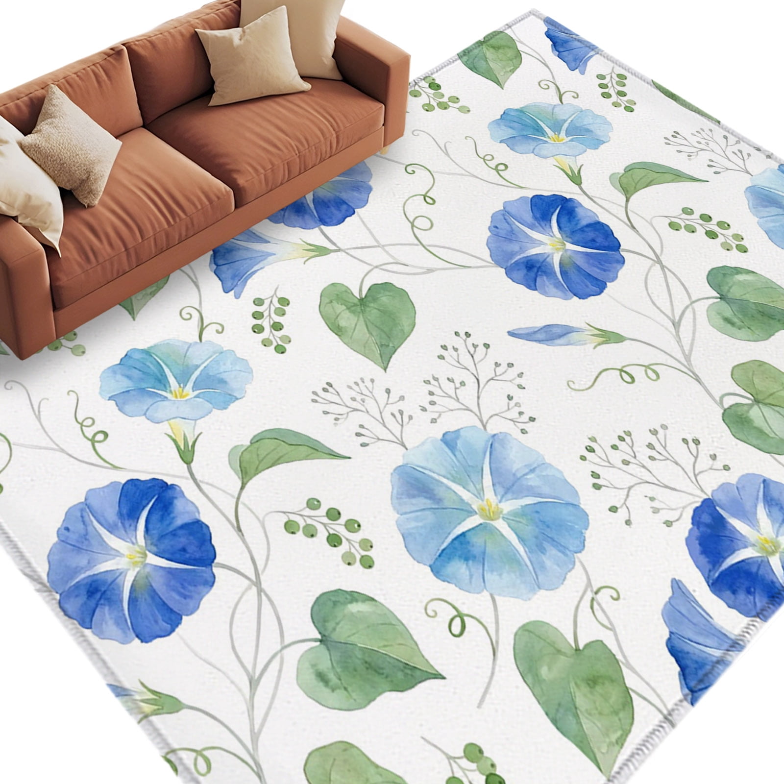 Blue Morning Glory Area Rug 5x7 Washable Rug Non Slip Spring Floral ...