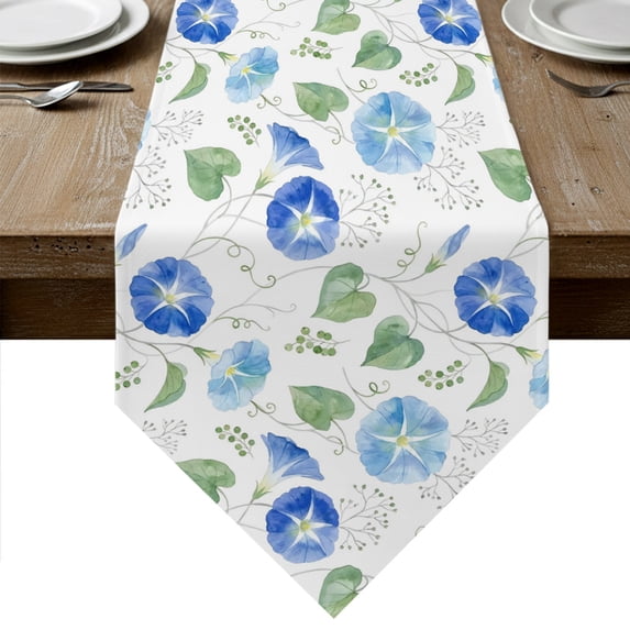 Blue Morning Glory Table Runner Linen Burlap Table Runner 108 Inches ...