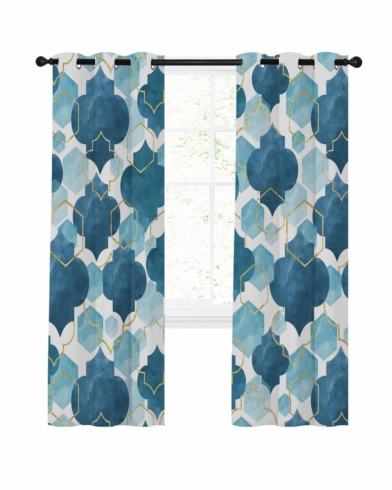 Blue Moroccan Blackout Curtains 84 Inch Length Abstract Gradient Gold ...