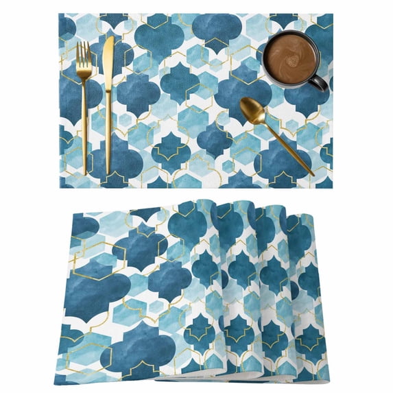 Blue Moroccan Cotton Linen Placemats Set of 4, Abstract Gradient Gold ...