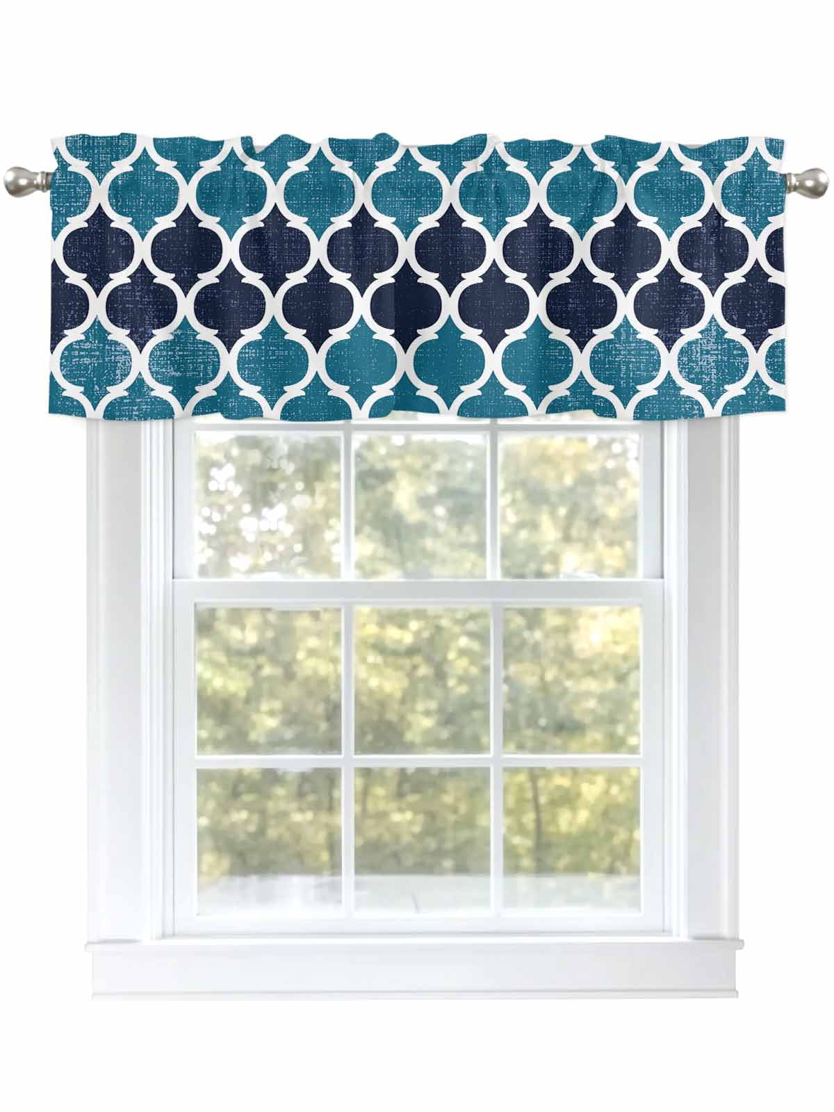 Blue Moroccan Design Valances for Windows, Rod Pocket Kitchen Valance ...