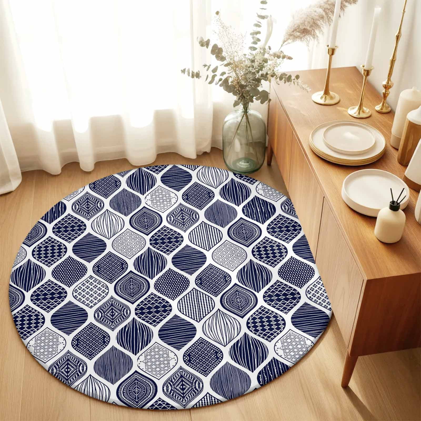 Blue Moroccan Geometric Pattern Round Rug 3ft Traditional Ethnic Style ...