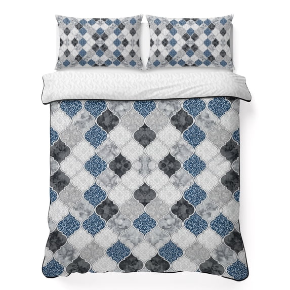 Blue Moroccan Plaid 3 Piece Quilt Bedding Set with 2 Pillow Shams ...