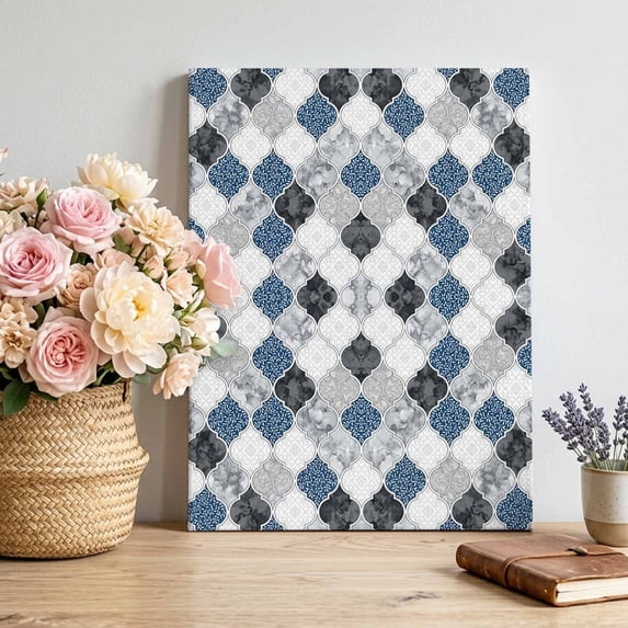Blue Moroccan Plaid Canvas Wall Art for Living Room, Modern Abstract ...