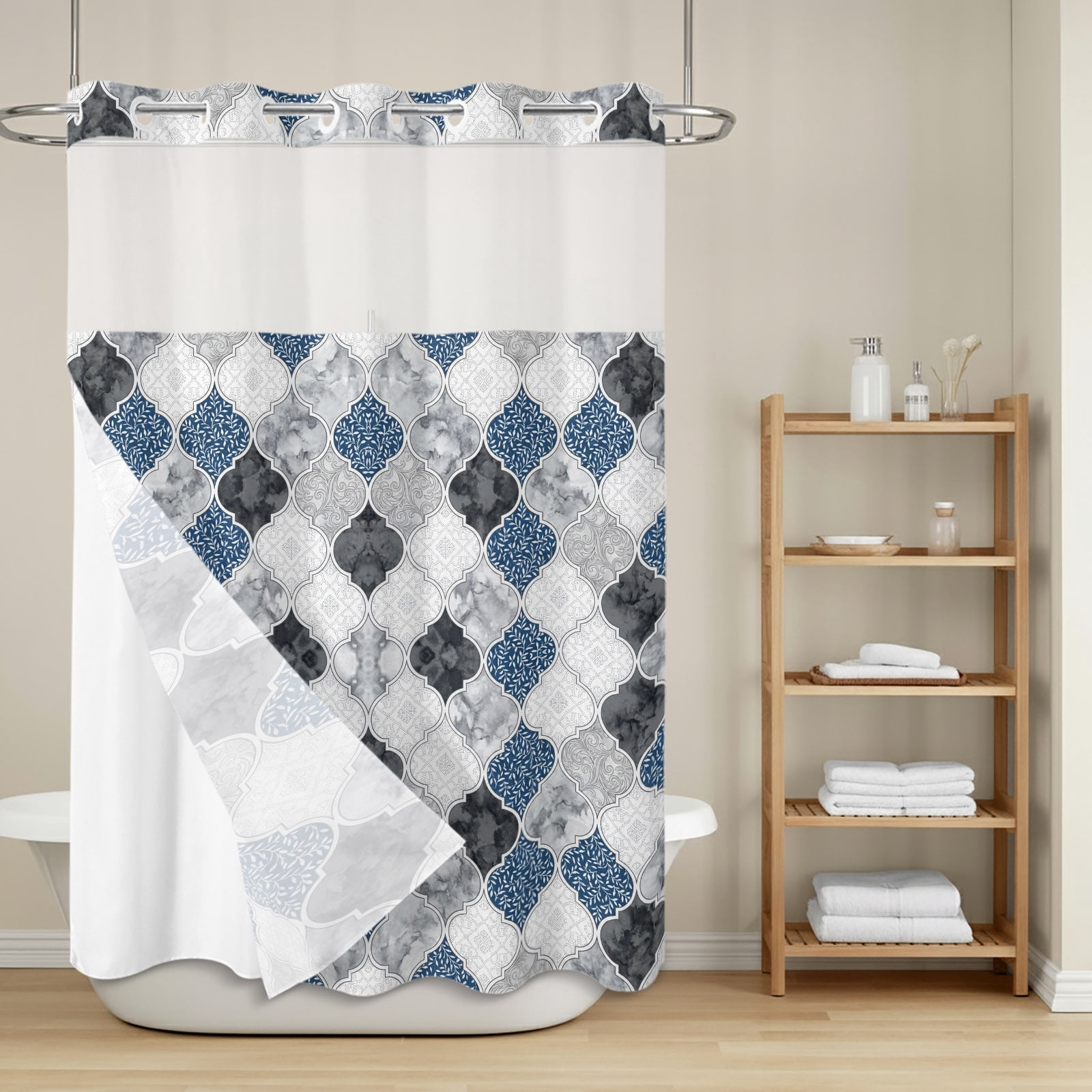 Blue Moroccan Plaid No Hook Shower Curtain with Snap in Liner, Modern ...
