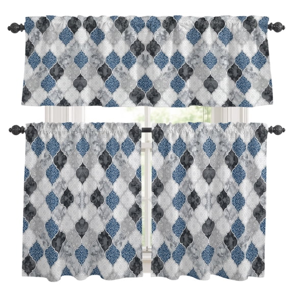 Blue Moroccan Plaid Kitchen Curtains and Valances Set, Modern Abstract ...