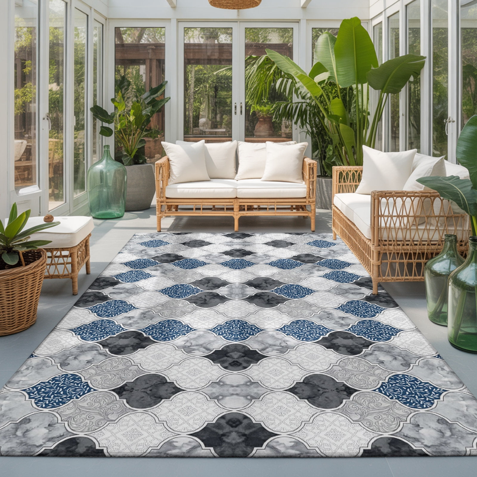 Blue Moroccan Plaid Washable Area Rugs 2.7'x5', Modern Abstract Exotic ...