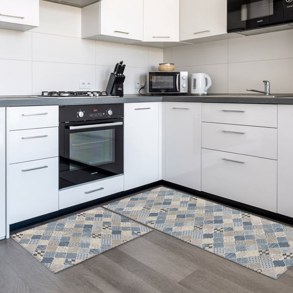 Blue Moroccan Shield 2 Pieces Non-Slip Kitchen Mat Set, Modern Abstract ...