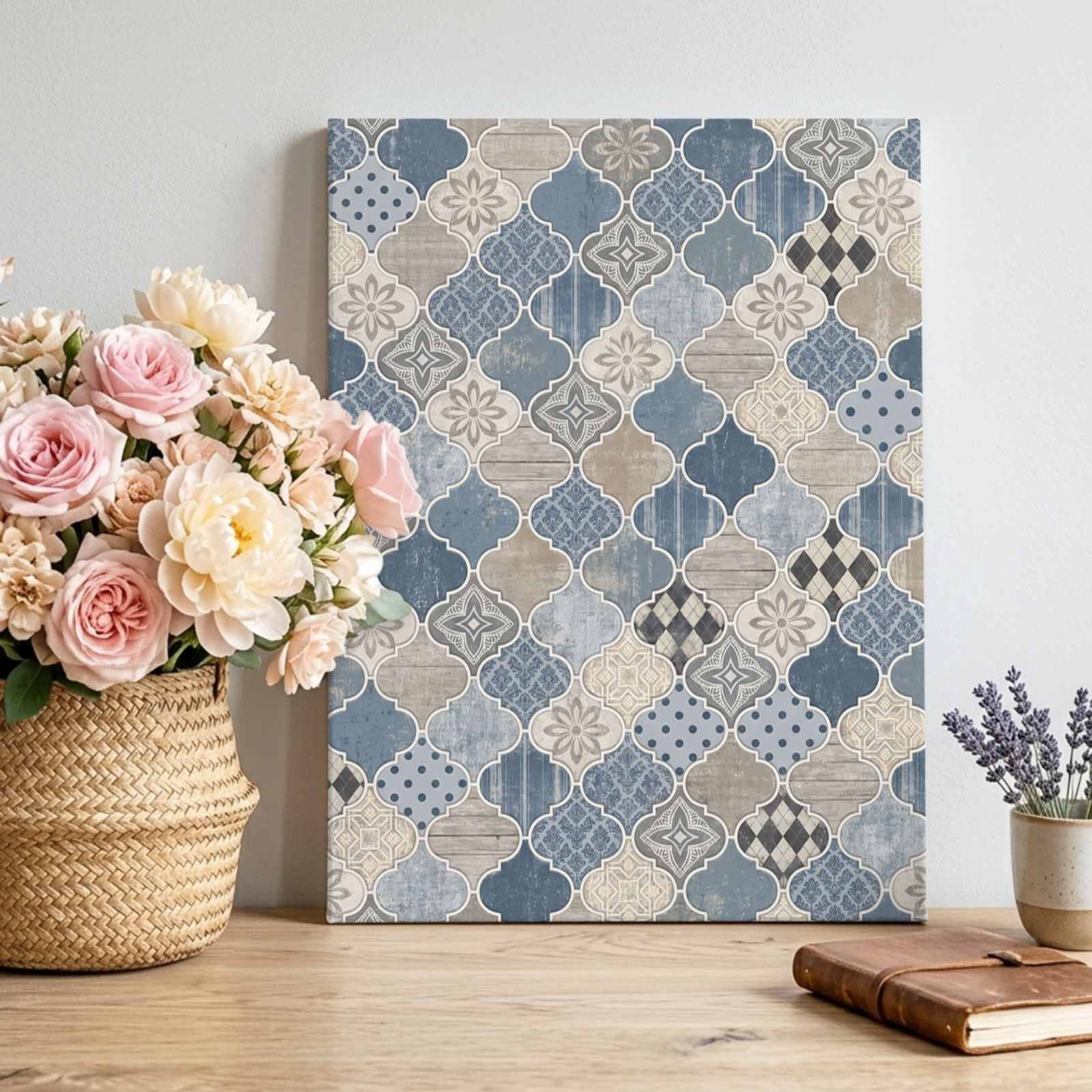 Blue Moroccan Shield Canvas Wall Art for Living Room, Modern Abstract ...