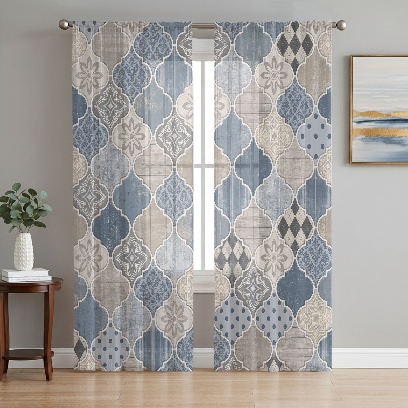Blue Moroccan Shield Sheer Curtains for Living Room Bedroom, Modern ...