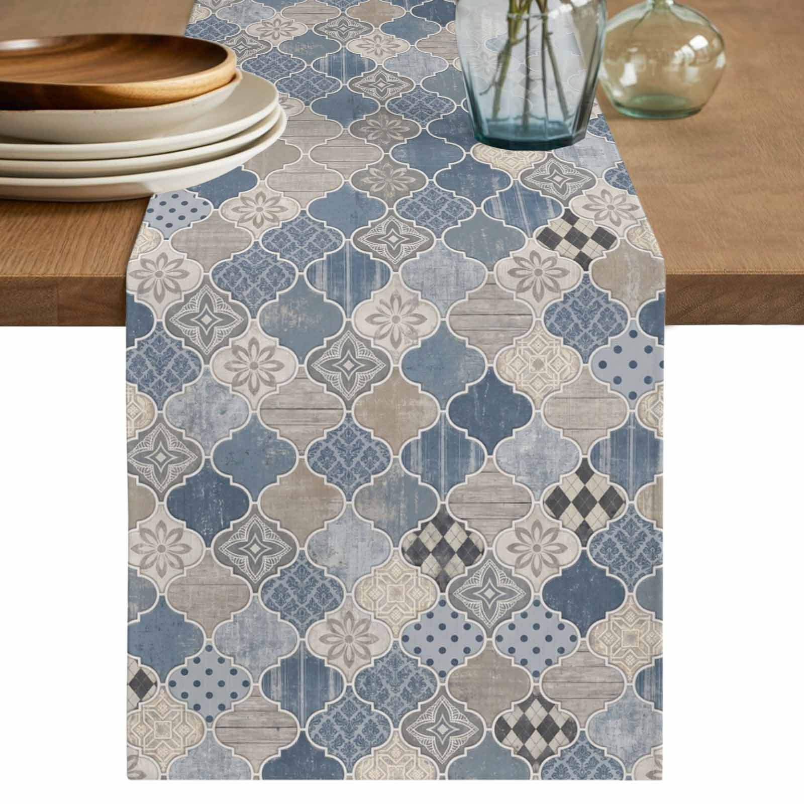 Blue Moroccan Shield Table Runner, Modern Abstract Exotic Geometric ...