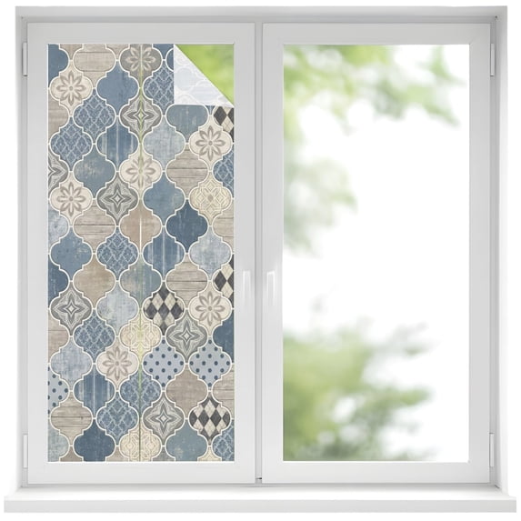 Blue Moroccan Shield Window Privacy Film, Modern Abstract Exotic ...