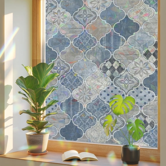 Blue Moroccan Shield Window Privacy Film, Modern Abstract Exotic ...