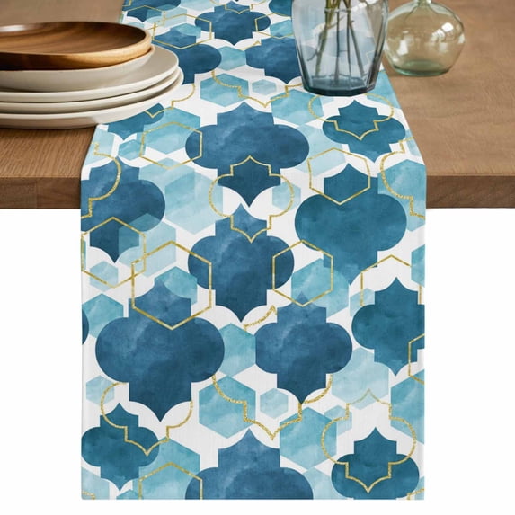 Blue Moroccan Table Runner, Abstract Gradient Gold Blue Geometric ...