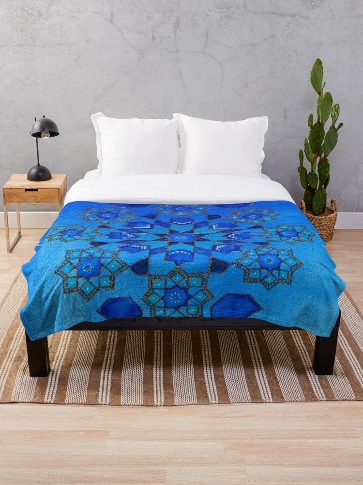 Blue Moroccan Tile Sherpa Throw Blanket, Polyester Fleece 2-Layer Bed ...