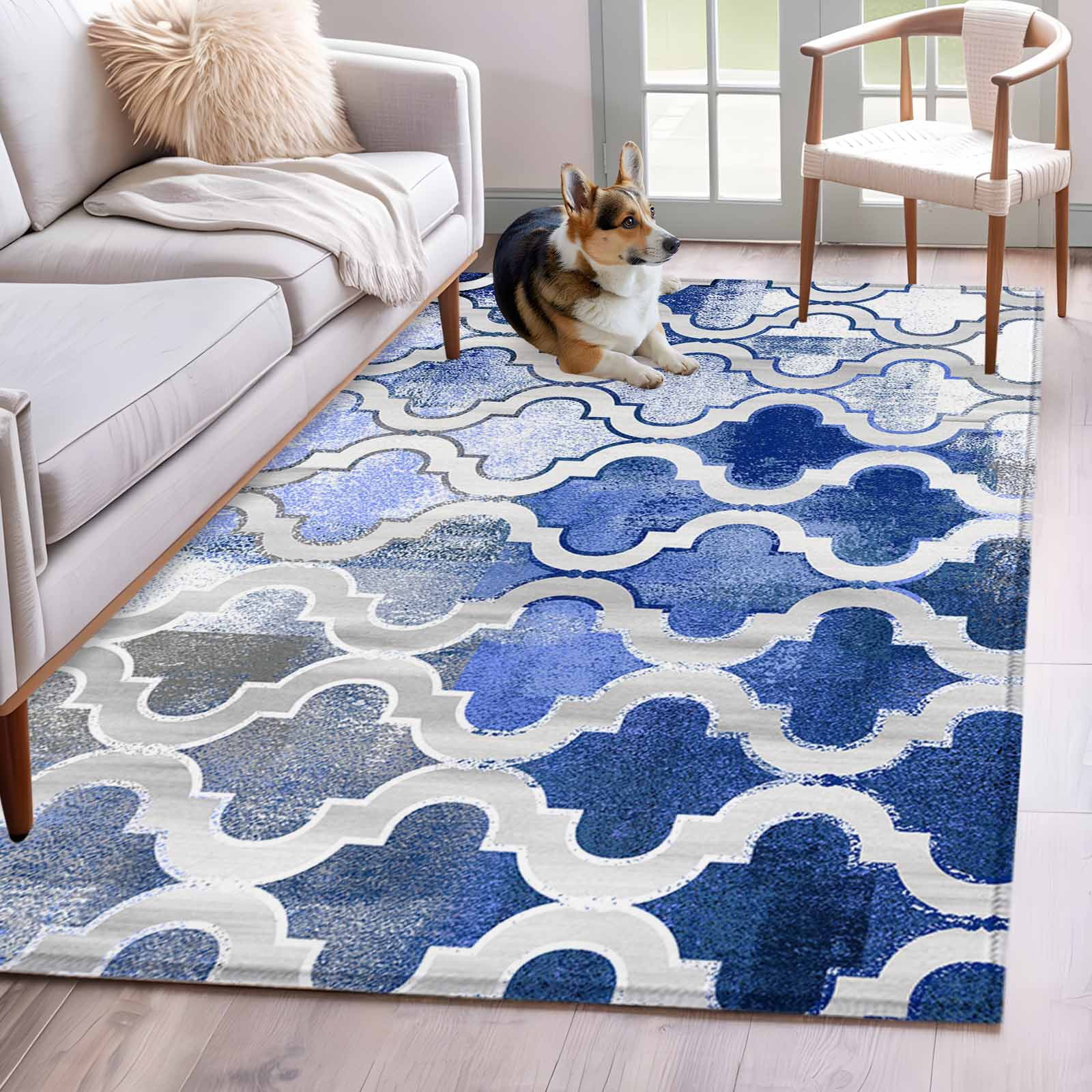 Blue Morocco Area Rug 4x6 Washable Rug Non Slip Vintage Graffiti Paint ...