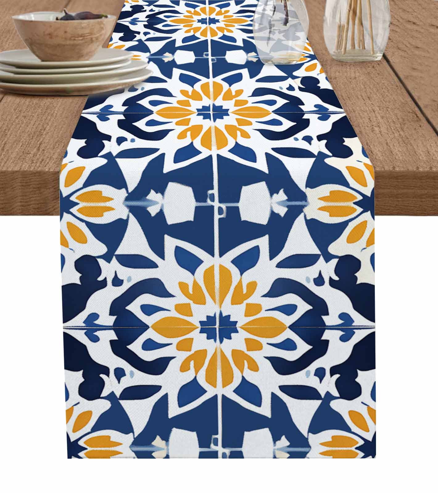 Blue Morocco Burlap Cotton Table Runner 13x120 Inches Long, Boho ...