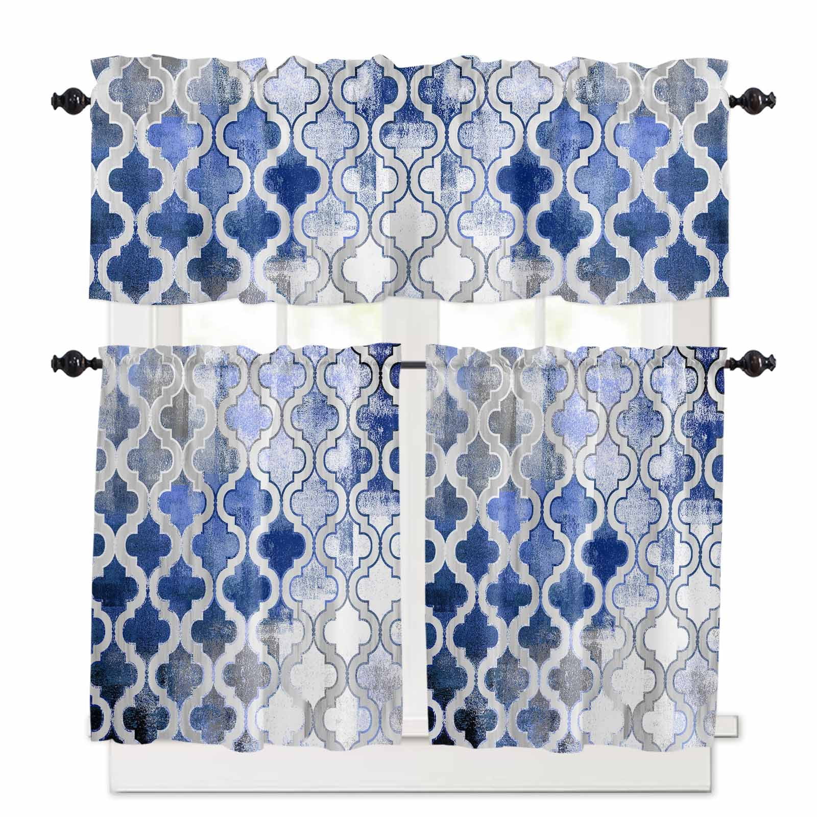Blue Morocco Kitchen Curtains Set for Windows 3 Pieces,24 Inch Length ...