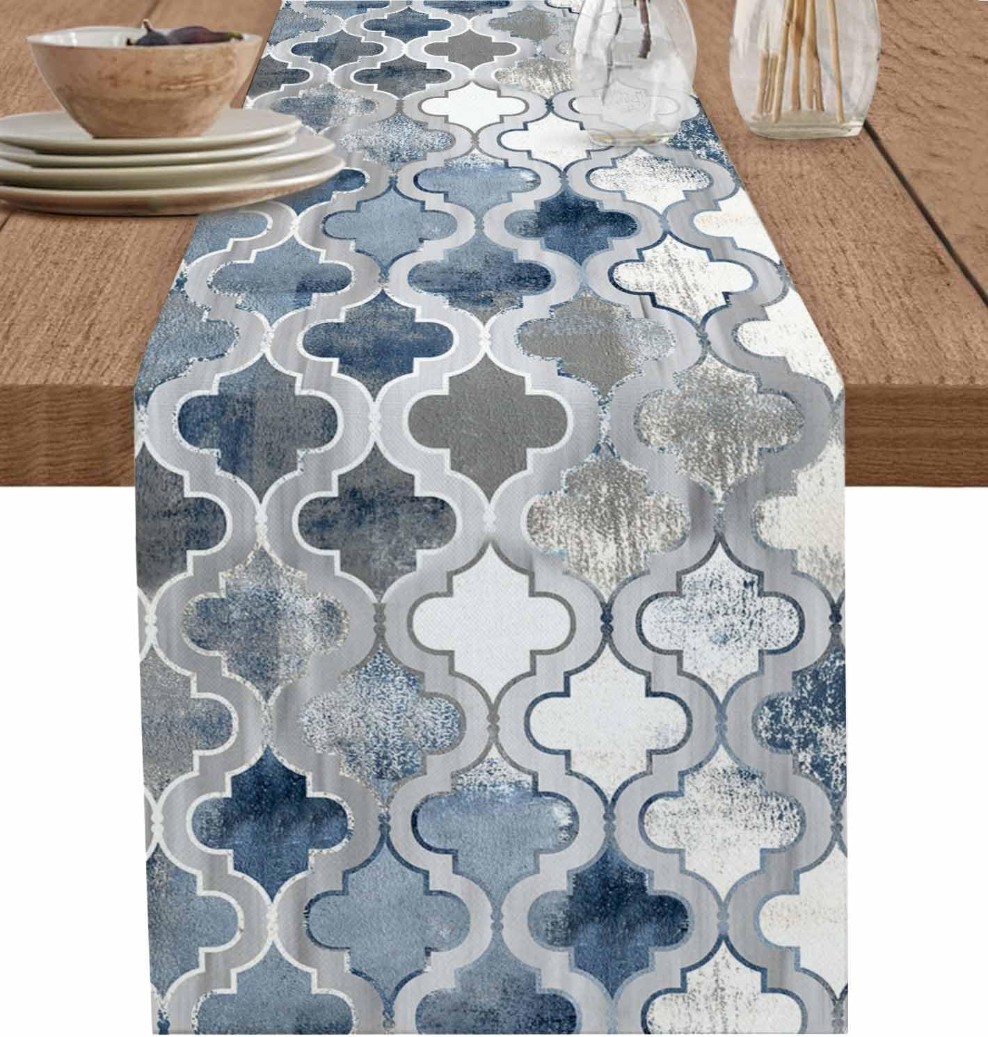 Blue Morocco Linen Table Runners Modern Geometric Trellis Abstract Art ...