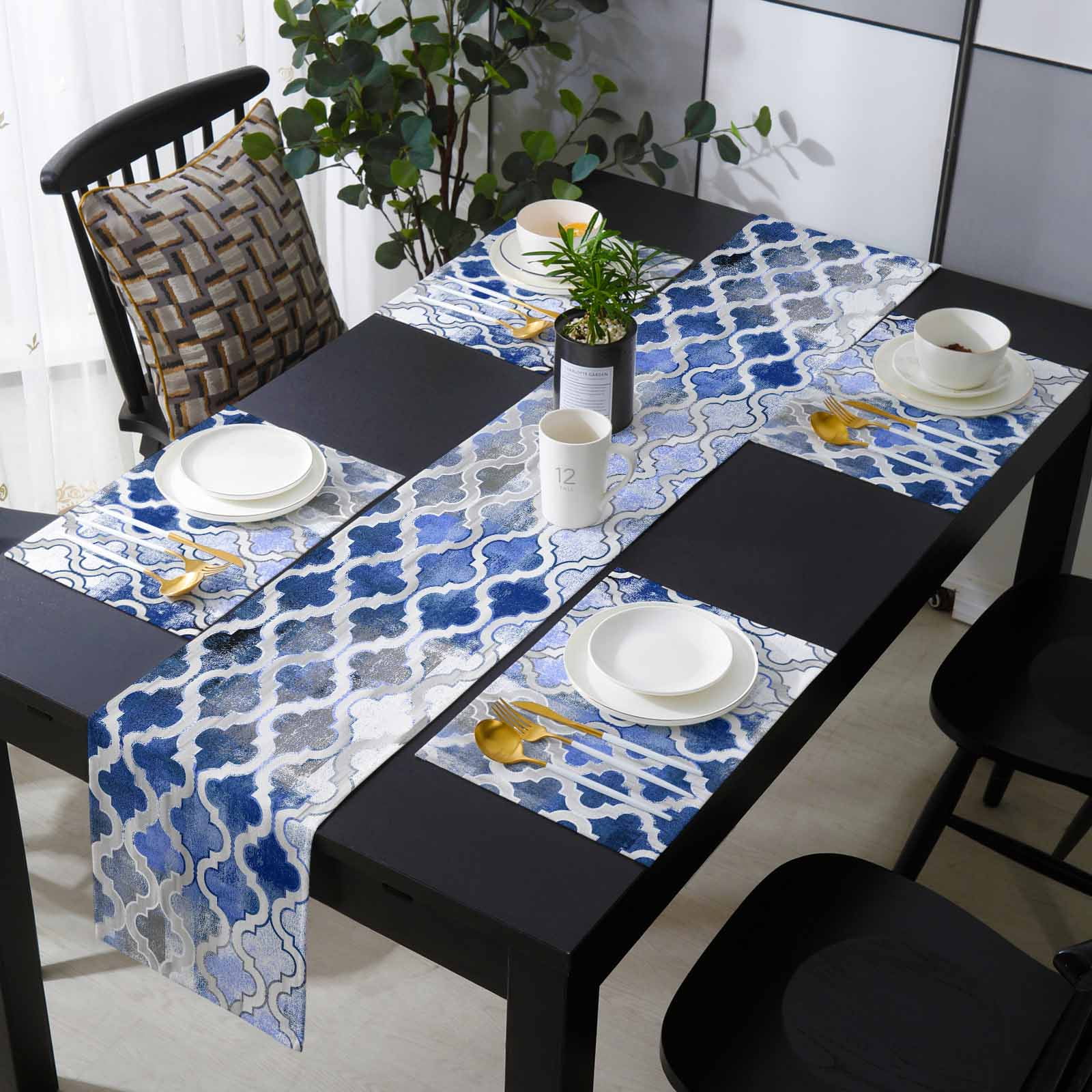 Blue Morocco Placemats Set of 6 with 70 Inches Long Table Runners ...