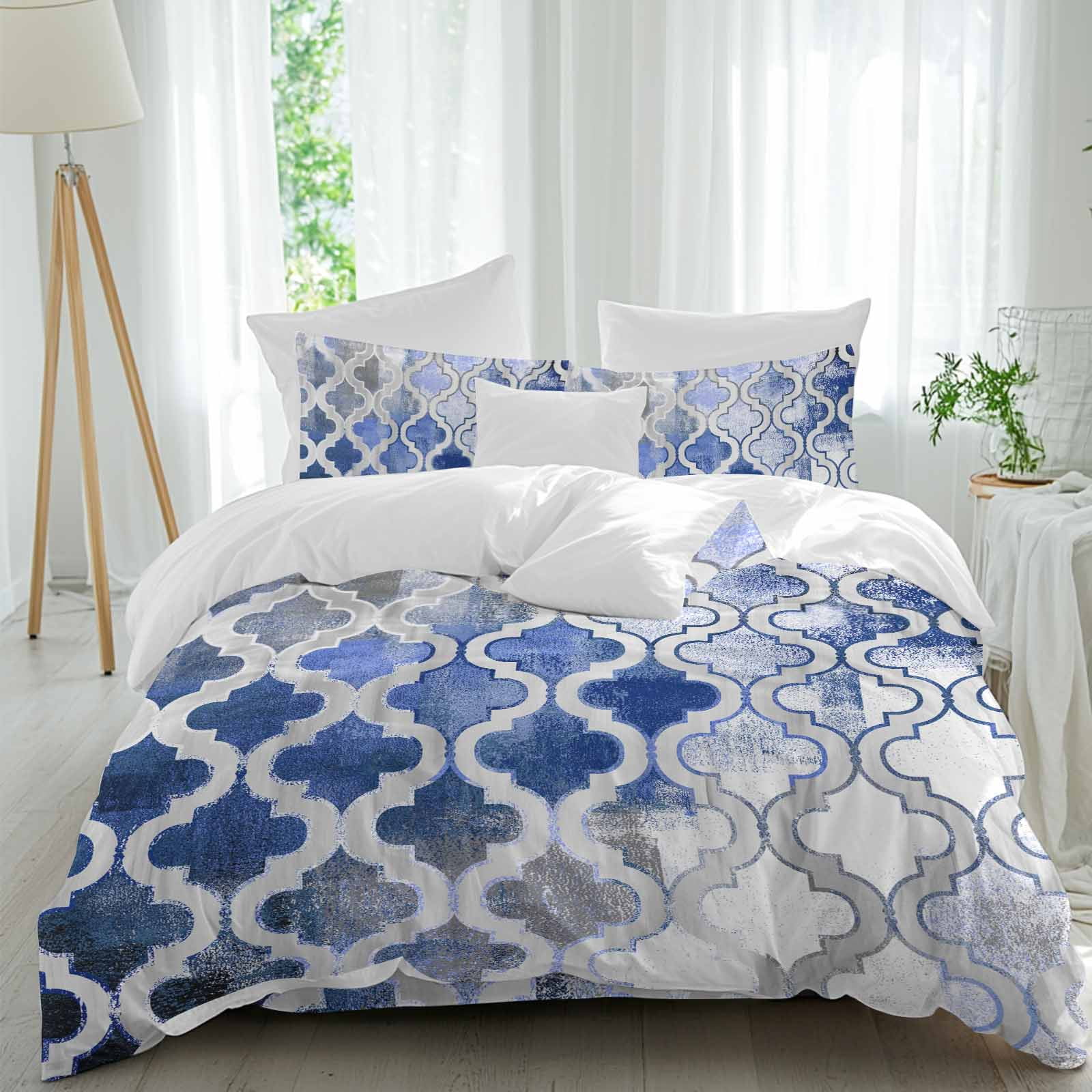 Blue Morocco Queen Size Comforter Set, Abstract Retro Tribal Geometric ...