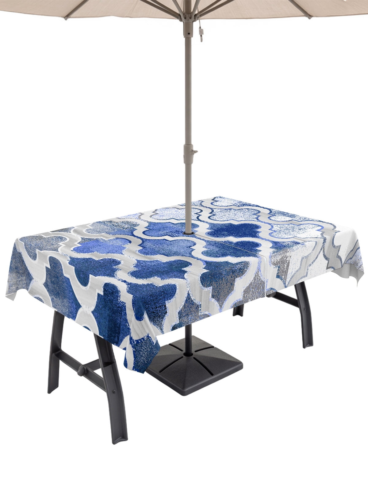 Blue Morocco Rectangle Outdoor Tablecloth with Umbrella Hole Abstract ...