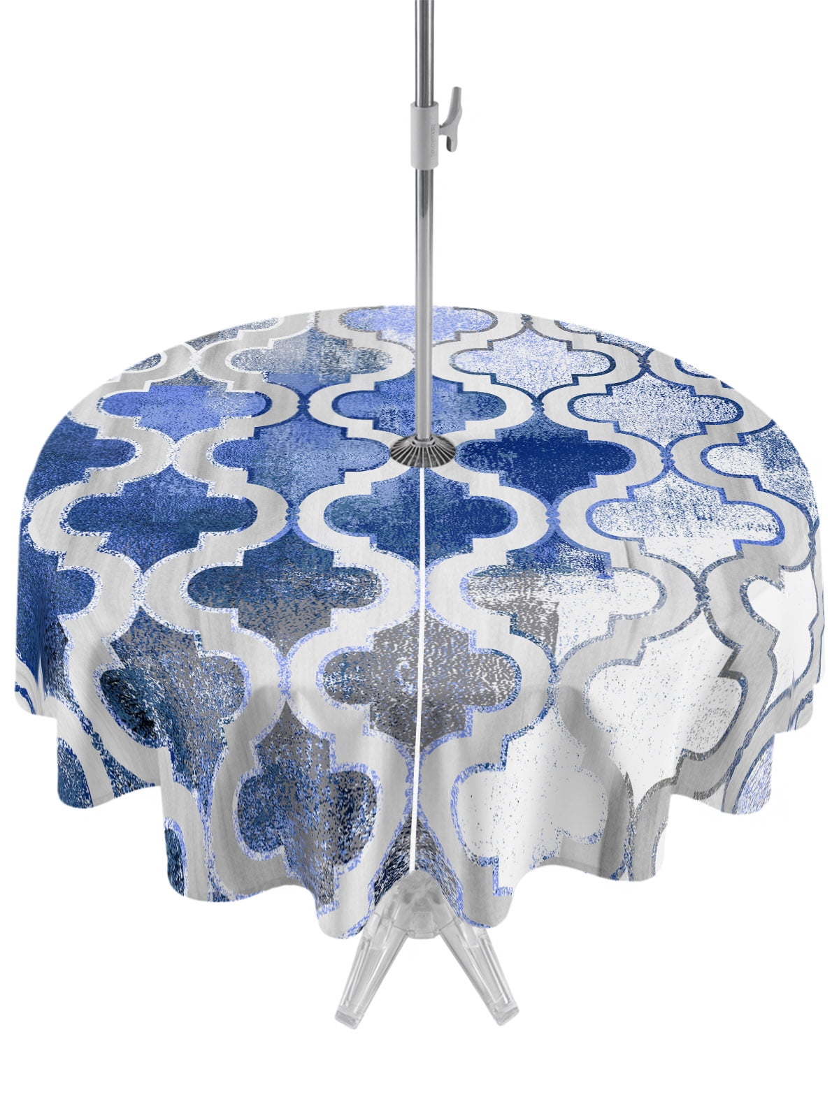 Blue Morocco Round Outdoor Tablecloth with Umbrella Hole Abstract Retro ...