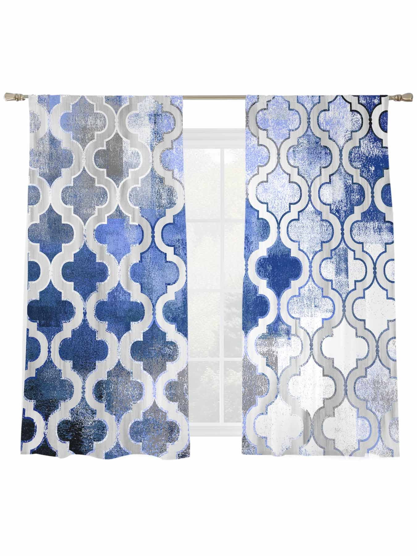 Blue Morocco Sheer Curtains 63 Inch Length 2 Panels Set, Semi Transparent Voile Rod Pocket ...