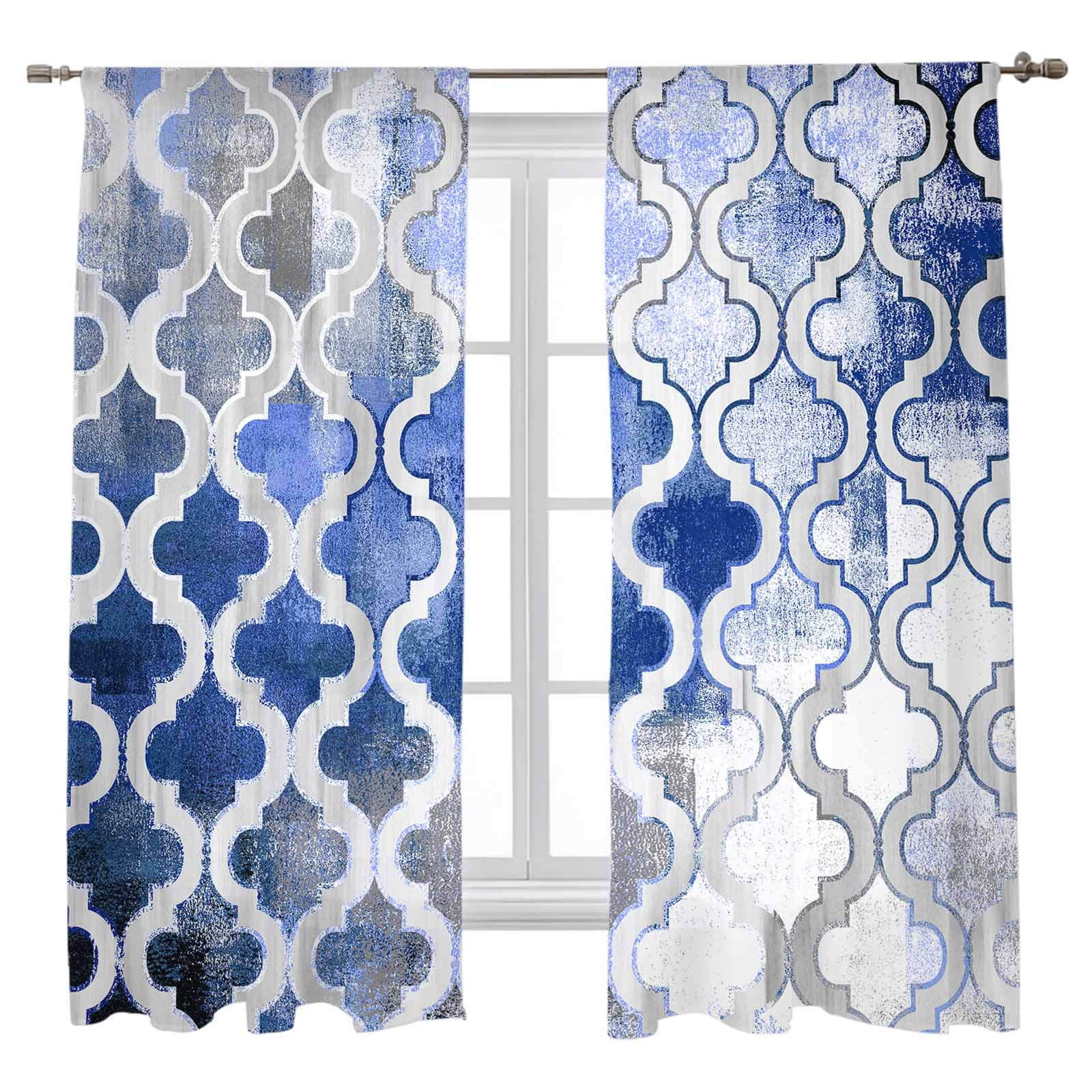 Blue Morocco Sheer Curtains 72 inches Long, Abstract Retro Tribal ...