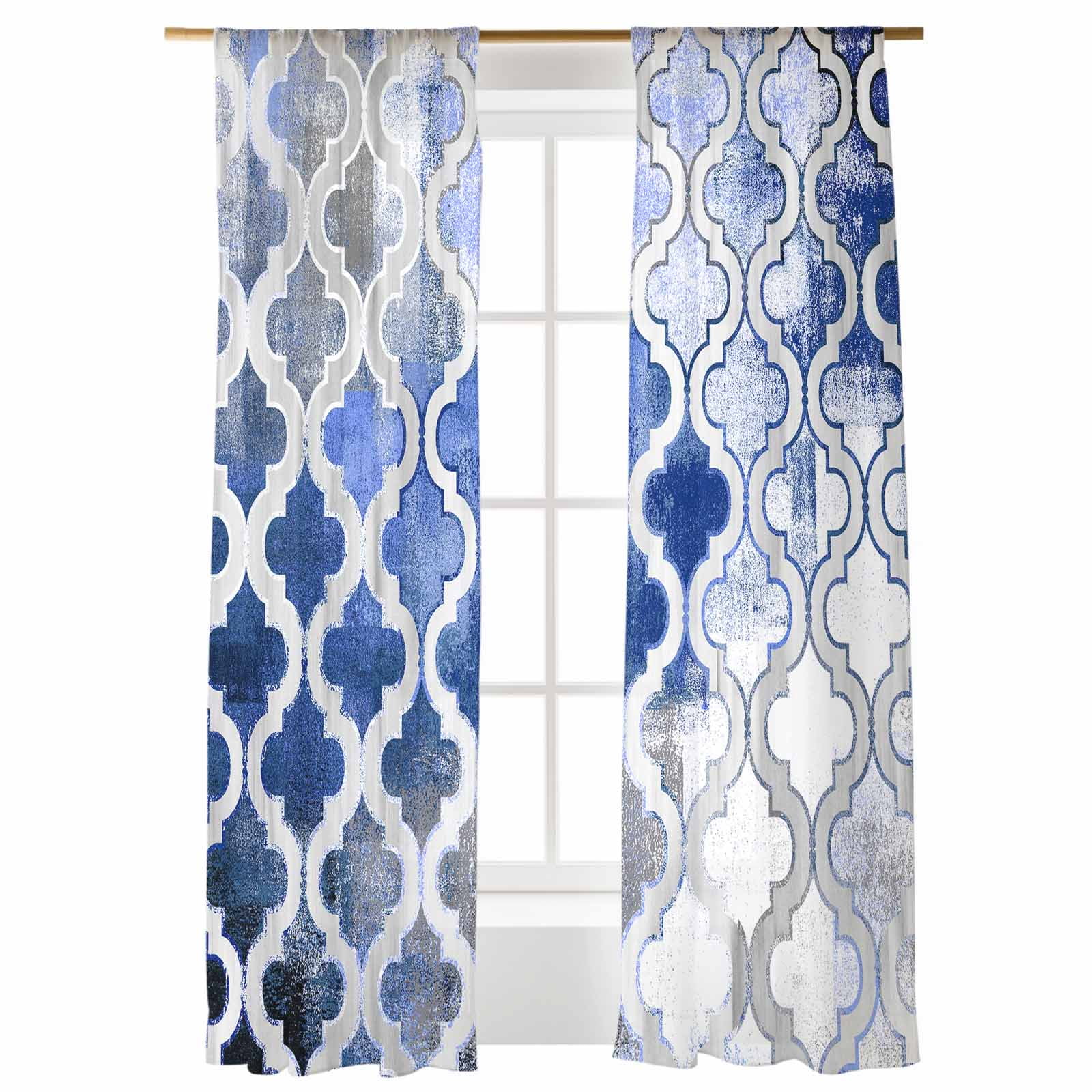 Blue Morocco Sheer Curtains 84 inches Long, Abstract Retro Tribal ...
