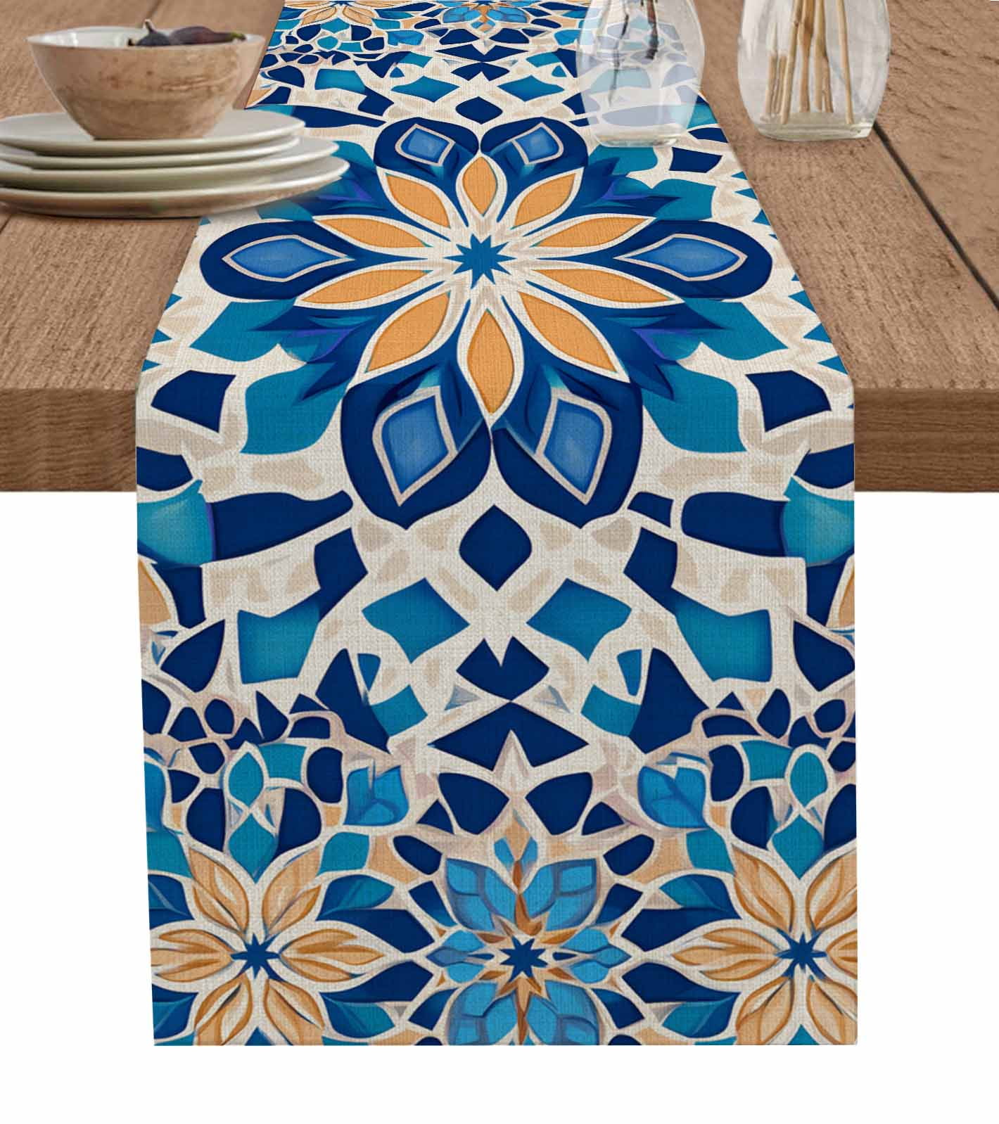 Blue Morocco Table Runner Cotton Linen 120 Inch Holiday Dresser Scarves ...